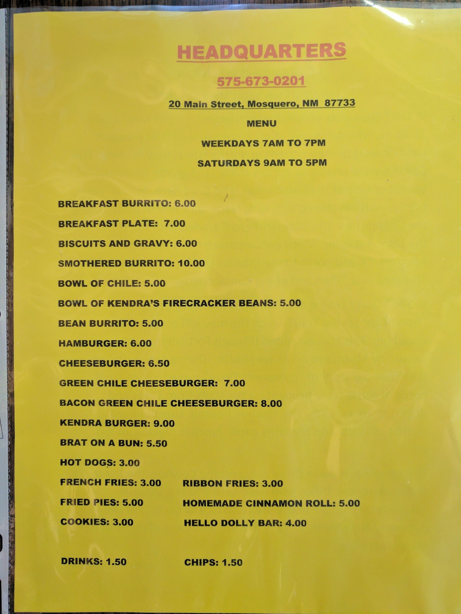 Headquarters Restaurant, Mosquero - Menu, Reviews (65), Photos (27 ...